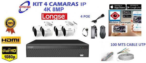 KIT 4 CAMARAS IP 8MP 4K LONGSE + INSTALACION | IDTECNO
